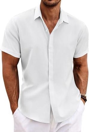 Coofandy Chemise en lin &agrave; manches courtes pour homme, coupe droite, pour l&eacute;t&eacute; et la plage, A-blanc., XXXL