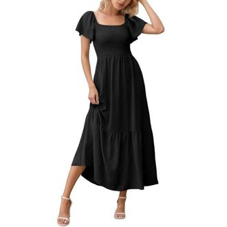 Generic Robe d&eacute;t&eacute; pour femme - Col carr&eacute; - Manches flottantes - Robe smock&eacute;e avec poches, Noir, 3XL