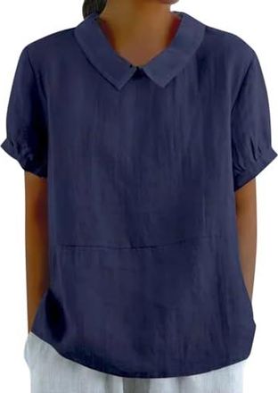 Onsoyours Chemise Lin Femme Chemisier Coton pour Femmes Col en V Manche Courte Tops Grande Tailles Couleur Unie LâChe Respirant T-Shirts Tunique Blouse Hauts A 