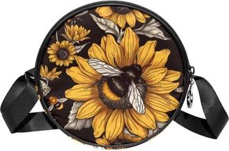 Generic Petit sac &agrave; bandouli&egrave;re rond pour femme, motif tournesol, abeille, sac &agrave; dos avec fermeture &eacute;clair, bretelles r&eacute;glables, sac &agrave; main rond d&eacute;contract&eacute; p