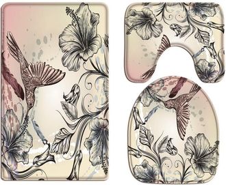 A.Monamour Badezimmer Badematte 3 Teilig Set Silhouette Der Kolibri Und Hibiskusblüten Vintage Blumenkunst Hintergründe Flanell Saugfähig Badteppiche Badvorleger
