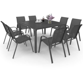IDMarket Salon de jardin MADRID table carr&eacute;e 130 CM et 8 chaises empilables gris anthracite