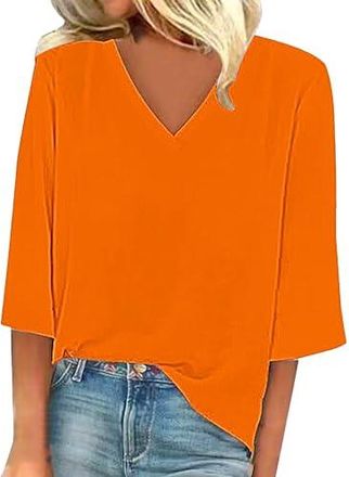 Generic Chemise unie à manches courtes pour femme, couleur unie, tendance, décontracté, col en V, manches trois-quart, vêtements pour la vie quotidienne, cade