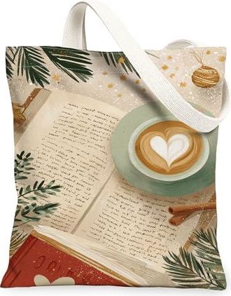 Generic Sacs fourre-tout en toile confortables, motif boissons chaudes et livres, sacs d&eacute;picerie r&eacute;utilisables, vintage rustique, l&eacute;ger et lavable, Multicolor