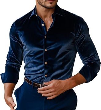 Generic Chemise de luxe &agrave; manches longues en velours pour homme, coupe ajust&eacute;e, couleur unie, boutonn&eacute;e, d&eacute;contract&eacute;e, pour f&ecirc;te de mariage, travail, automne,