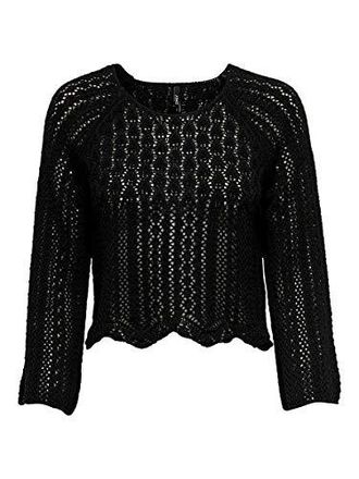 Only Seulement Femmes Élégant Pull en Tricot 3/4 Manches Courtes Tricot Pointelle Extensible Sweater ONLNOLA, Couleurs:Noir, Taille:XS
