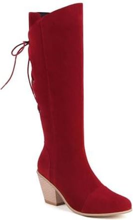 Generic Bottes d&eacute;quitation vintage en faux daim pour femme, bout rond, talons &eacute;pais, lacets dans le dos, chaussures de f&ecirc;te d&eacute;contract&eacute;es, Rouge, 39.5 EU