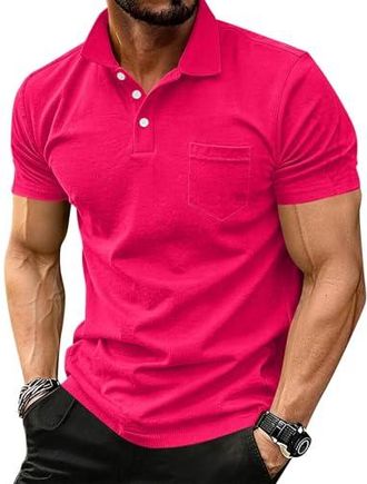 Generic Polo de golf &agrave; manches courtes pour homme - Couleur unie - Classique - L&eacute;ger - Pour l&eacute;t&eacute; - Sport - Coupe ajust&eacute;e - Avec poche de poitrine, 01 - Rose.,