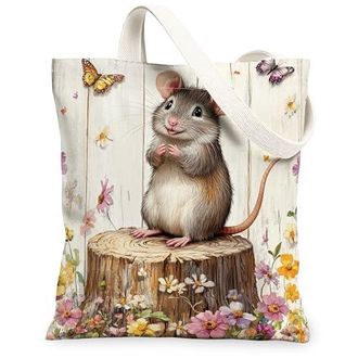 Generic Sac fourre-tout en toile avec motif de rat printanier et souris pour faire du shopping, 33 x 38,1 cm, souche de bois floral, sac d&eacute;picerie r&eacute;utilisabl
