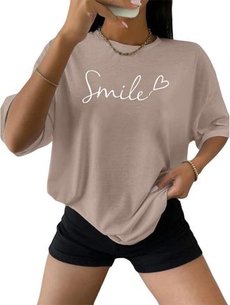 TOMWELL Damen Tshirt Kurzarm Sommer Oberteile Oversized T-Shirt mit Buchstaben Druck Lose Rundhals Sport Shirt Teenager M&auml;dchen Top Tunika Lang J Khaki XXL