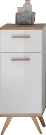 PELIPAL Badezimmerschrank Quickset 923 in Wei&szlig; Glanz/Riviera Eiche quer Nachbildung, 35,5 cm breit | Unterschrank mit 1 T&uuml;r, 1 Schubkasten und 2 Glas-Einlegeb