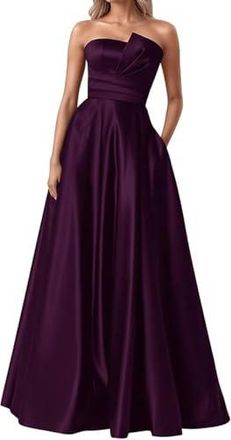 Generic Robe de bal longue sans bretelles en satin pour femme - Robe de soir&eacute;e formelle sans manches, prune, 52 Grande taille