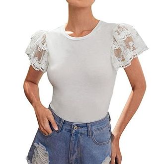 Janly T-shirt noir simple pour femme col rond en dentelle &agrave; manches courtes pour les tenues d&eacute;t&eacute; d&eacute;contract&eacute;es look d&eacute;contract&eacute; femme col en V avec manches 