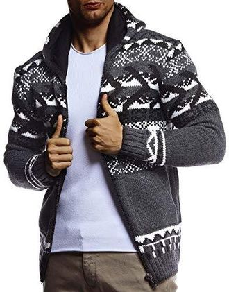 LEIF NELSON LN20756 Veste en tricot à capuche pour homme - Veste dhiver chaude - Veste dhiver chaude pour homme - Motif norvégien - Grosse maille - Coupe ajustée,