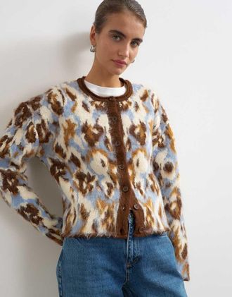 Topshop Strick-Cardigan mit Rundhalsausschnitt und blauem Blumenmuster-Multi