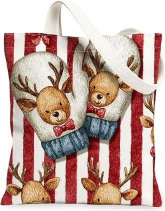 Generic Sacs fourre-tout festifs en toile, motif renne mignon, sacs d&eacute;picerie r&eacute;utilisables, l&eacute;gers et lavables avec bandouli&egrave;re pour le shopping, les voyages