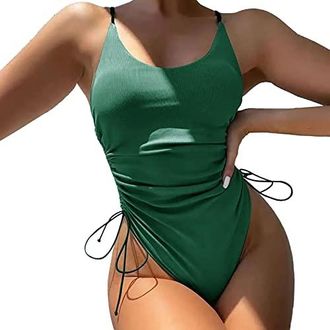 Generic Maillots De Bain Une Pieces Femme Gainant Ventre Plat Sexy Bikini Couleur Unie Taille Haute Costume de Plage (Green, L)