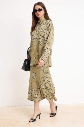 Trendyol Modest Damen Gr&uuml;n Ethno-Muster Lang Oversize Modest Hemden