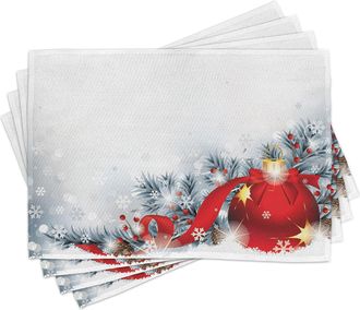 Abakuhaus Weihnachten Platzmatten, Schneekugeln, Waschbare Stoff Esszimmer K&uuml;che Tischdekorations Digitaldruck, Wei&szlig; Rot