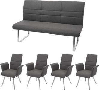 Hhg Set 4x Esszimmerstuhl+Sitzbank HHG 709, Bank K&uuml;chenstuhl Stuhl+Armlehne, Stoff/Textil Edelstahl grau-braun Bank 160cm