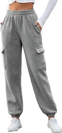 Heekpek Pantalon Cargo pour Femme Pantalons de Jogging en Coton Doublé de Polaire Pantalon Large à Taille Haute Automne Hiver Vêtements de Sport pour Le Yoga,