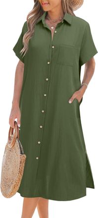 Zeagoo Strandbluse Damen Lang Strandkleid Luftig Kurzarm Blusenkleid mit Kn&ouml;pfen Elegant Strandbluse Casual Strand Cover Up Army Gr&uuml;n S