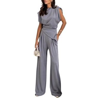 Generic Tenue deux pi&egrave;ces pour femme, col rond, pliss&eacute;, sans manches, d&eacute;contract&eacute;, d&eacute;bardeur &agrave; jambes larges, confortable et &eacute;l&eacute;gant, gris clair, XXL