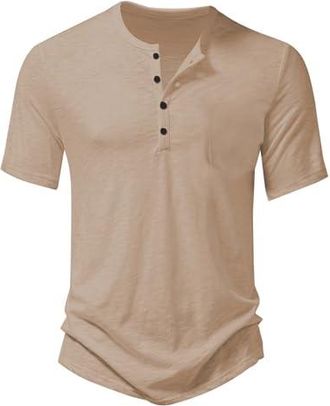 Generic T Shirt Homme T-Shirt D&eacute;contract&eacute; Manches Courtes Couleur Unie Boutonn&eacute; Quotidien Activit&eacute;s de Plein Air Printemps &Eacute;t&eacute; Haut Confortable, kaki, 3XL