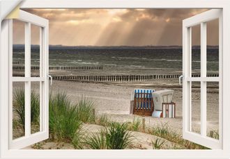 Artland ARTland Wanddeko Wandtattoo selbstklebende Vinylfolie 100x70 cm Fensterblick Fenster Strand Düne Meer Maritim Strandkorb Küste Insel T6AM