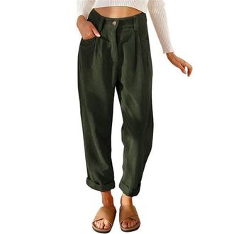 Generic Pantalon vintage d&eacute;contract&eacute; en velours c&ocirc;tel&eacute; taille haute avec poches pour femme, Vert, XXL