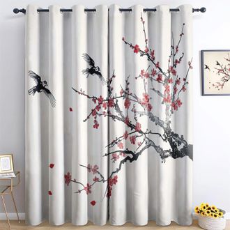 Generic Vorhang Wohnzimmer mit Ösen Traditionelle PflaumenblüTe Drucken H175 x B140 cm (2er Pack) Schlafzimmervorhänge Ost Bedruckte Sonnenschutzvorhänge Bunt