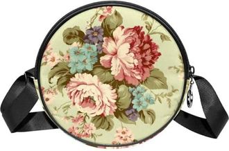 Generic Sac &agrave; bandouli&egrave;re rond pour femme, sac &agrave; bandouli&egrave;re classique vintage &agrave; motif floral avec fermeture &eacute;clair, bretelles r&eacute;glables, sac &agrave; main rond d&eacute;co