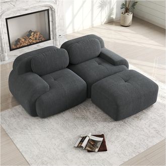 Generic Modulares Schlafsofa mit Ottomane, 3-Sitzer, modulares Cord-Sofa, ohne Montage, for Wohnzimmer, rahmenloses Sofa, mit gebogenen Armlehnen(Grigio.,2S+1