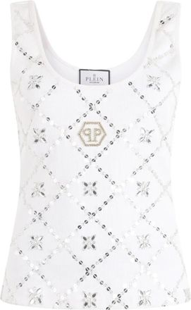 Philipp Plein Femme, Tops, Blanc, Taille: 38 FR D&eacute;bardeur Rhomb Flower Strass