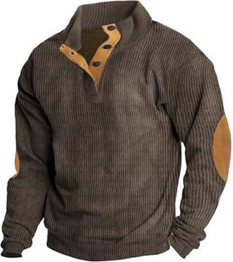 Generic Chandail en velours côtelé rembourré Henley pour homme avec doublure Sherpa - Style vintage - Col montant - Boutons - Doux et confortable - Avec coude