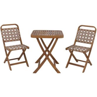Hhg [NEUWERTIG] Garten-Set HHG-719, Sitzgruppe Balkon-Set Garnitur 2x Stuhl Tisch, Seilgeflecht Akazie Holz klappbar natur, creme