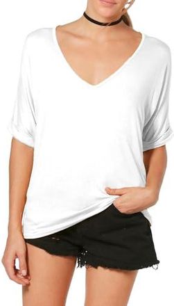 Re Tech UK T-Shirt Oversize - pour Femme - col en V/Manches retroussées/Coupe Chauve-Souris - Style Casual - Tailles EU 36-54 - Blanc - XXL EU 48-50