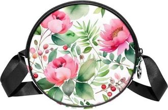 Generic Petit sac &agrave; bandouli&egrave;re circulaire pour femme, motif feuilles florales, sac &agrave; dos avec fermeture &eacute;clair, bretelles r&eacute;glables, sac &agrave; main rond d&eacute;contra