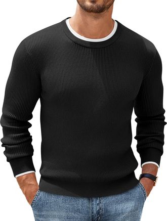 Coofandy Herren Strickpullover Feinstrick Rundhals Pullover mit Rundhalsausschnitt Winterpullover Warm Knit Sweater Pulli Schwarz 3XL