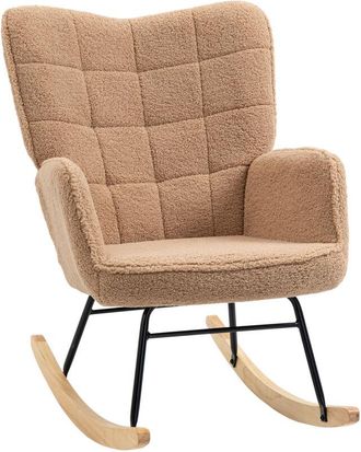 HOMCOM Fauteuil &agrave; bascule - HOMCOM - rev&ecirc;tement effet laine boucl&eacute;e - structure en acier - pieds en bois massif - marron