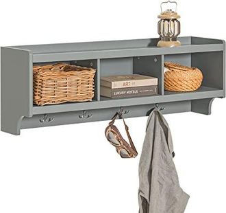 SoBuy Porte Manteau Mural, &Eacute;tag&egrave;re de Rangement, Meuble Entr&eacute;e, Vestiaire avec 3 Compartiments et 4 Crochets Doubles, 100x25x35 cm, Gris, FHK28-HG
