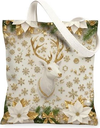 Generic Sacs fourre-tout r&eacute;utilisables en toile de cerf dhiver, motif floral de renne, vintage, l&eacute;ger et lavable, blanc, 13x15 Inch