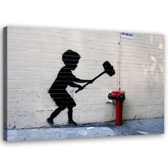 Feeby Leinwandbilder XXL Banksy - Hammer Boy - 120x80 cm - Bild auf Leinwand - Kunstdruck - Deko Wohnzimmer - Wandbilder Schlafzimmer - Deko Schwarz - Deko 
