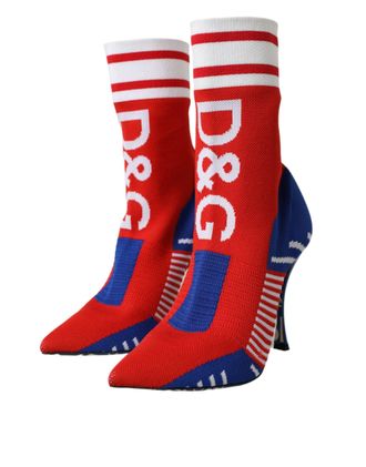 Dolce & Gabbana Womens Red Blue Stretch Sock Style Short Boots Logo Shoes Polyester Calf