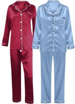 Generic Pyjama long pour femme avec boutonni&egrave;re - 2 pi&egrave;ces - Manches longues - Doux et confortable - Ensemble pyjama &agrave; revers - Couleur unie - Avec poches - V