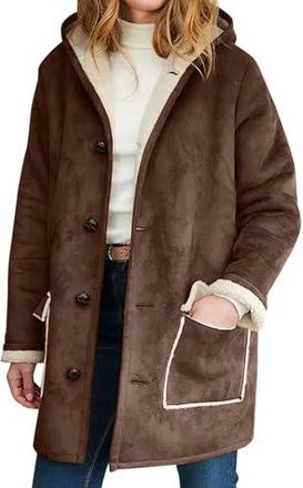 Generic Vestes en daim pour femme avec boutons et doublure en polaire Sherpa - Veste dhiver thermique en daim synth&eacute;tique - Manteaux imperm&eacute;ables avec capuche