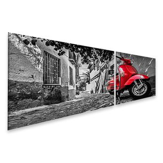 Islandburner Prime Bild auf Leinwand Rote Vespa in malerischer Kopfsteinpflastergasse Bilder Wandbilder Poster