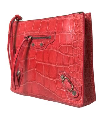 Balenciaga Womens Red Exotic Skin Leather Classic Pouch Purse Wristlet Bag Alligatorskin