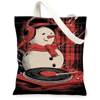 Generic Sac fourre-tout en toile motif bonhomme de neige, sac de courses r&eacute;utilisable, l&eacute;ger et lavable avec bandouli&egrave;re, Rouge, 13x15 Inch