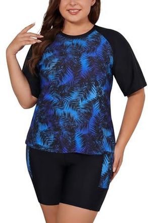 SHEKINI Maillot de bain 2 pi&egrave;ces Rashguard pour femme avec soutien-gorge int&eacute;gr&eacute;, maillot de bain &agrave; manches courtes et short boyshort avec poches, Paume noire